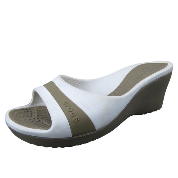 CROCS | Shoes | Crocs Sassari Womens 9 White Khaki Wedge Slide Sandals ...